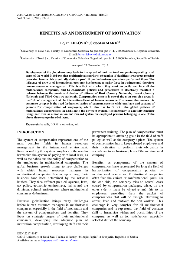 (PDF) Benefits as an instrument of motivation