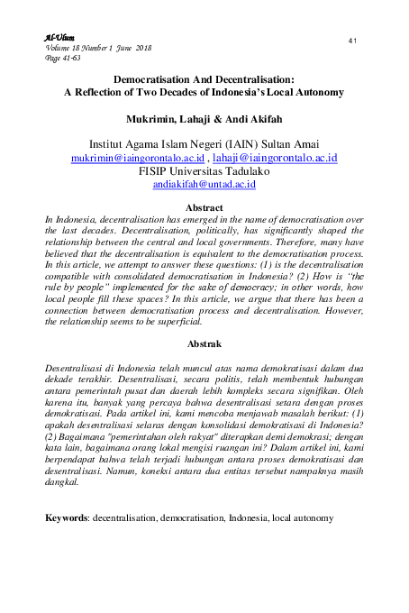 (PDF) Democratisation and Decentralisation in Indonesia
