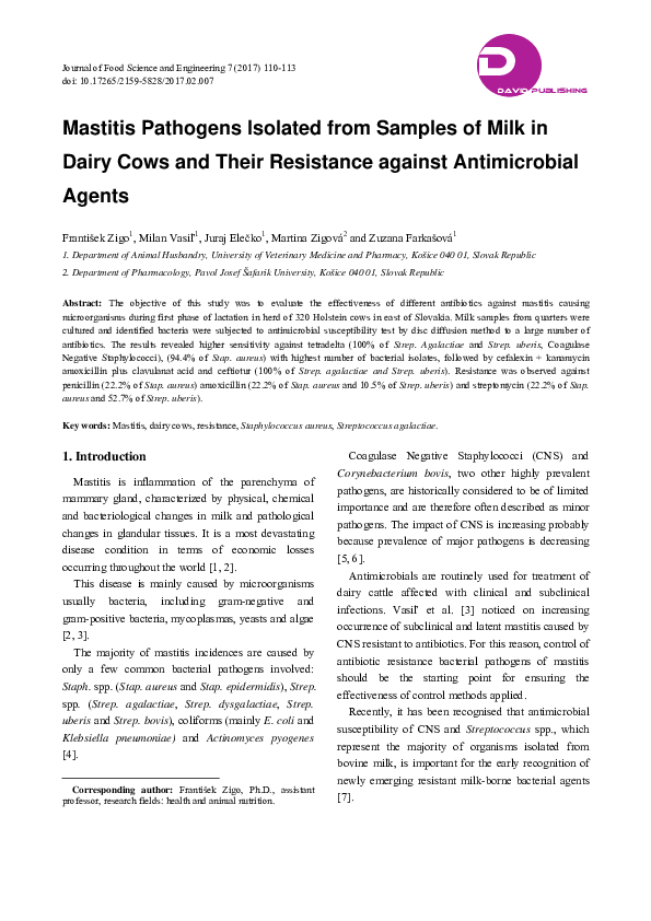 (PDF) Mastitis Pathogens Isolated from Samples of Milk in Dairy Cows ...