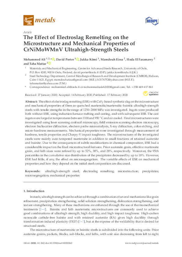 (PDF) The Effect of Electroslag Remelting on the Microstructure and Mechanical Properties of ...