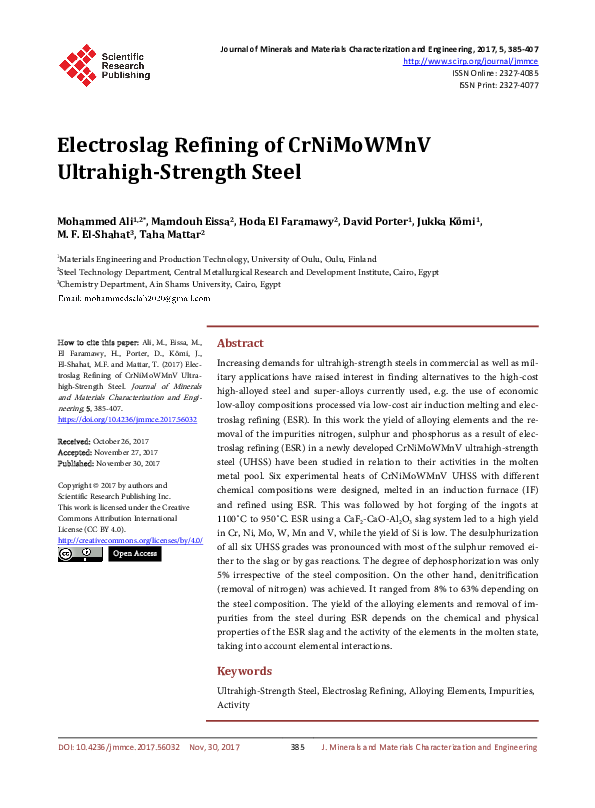 (PDF) Electroslag Refining of CrNiMoWMnV Ultrahigh-Strength Steel