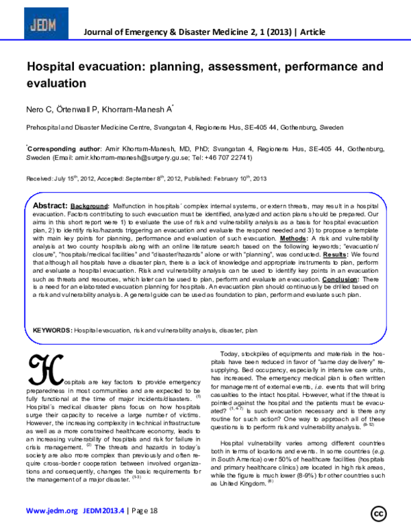 (PDF) Hospital evacuation; planning, assessment, performance and evaluation