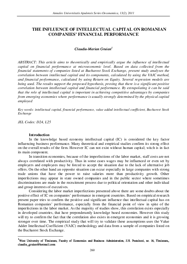 (PDF) The Influence Of Intellectual Capital On Romanian Companies‘ Financial Performance