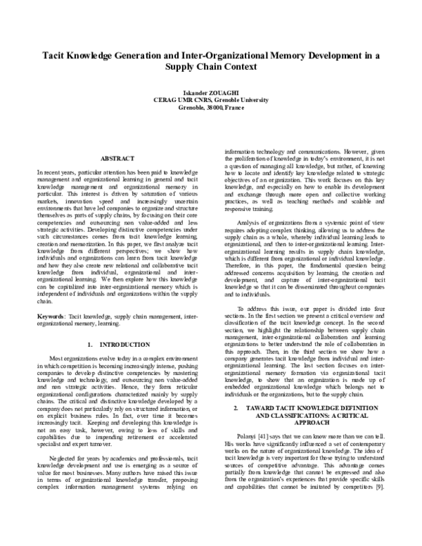 (PDF) Tacit Knowledge Generation and Inter-Organizational Memory Development in a Supply Chain ...