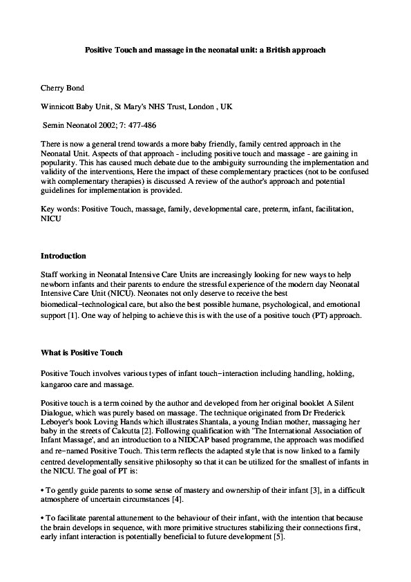 (PDF) Positive Touch and massage in the neonatal unit: a British approach