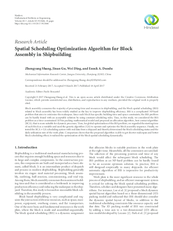 Pdf Spatial Scheduling Optimization Algorithm For Block Assembly In Shipbuilding Enock Duodu 