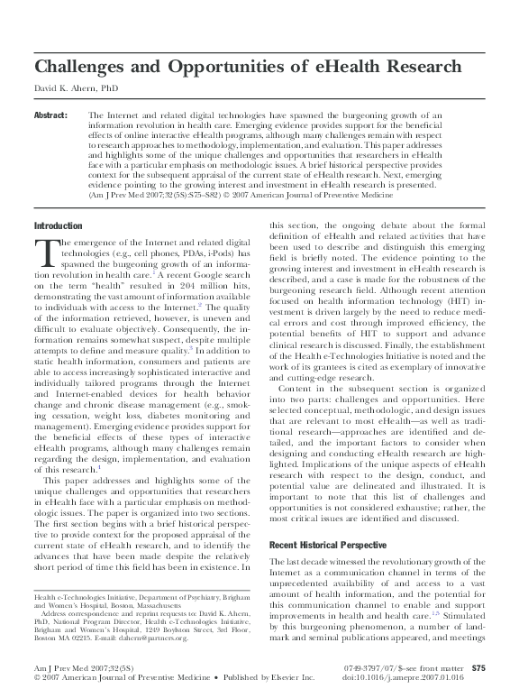 (PDF) Challenges and Opportunities of eHealth Research