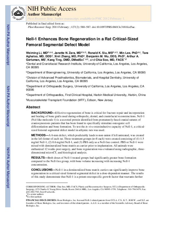 (PDF) Nell-1 Enhances Bone Regeneration in a Rat Critical-Sized Femoral ...