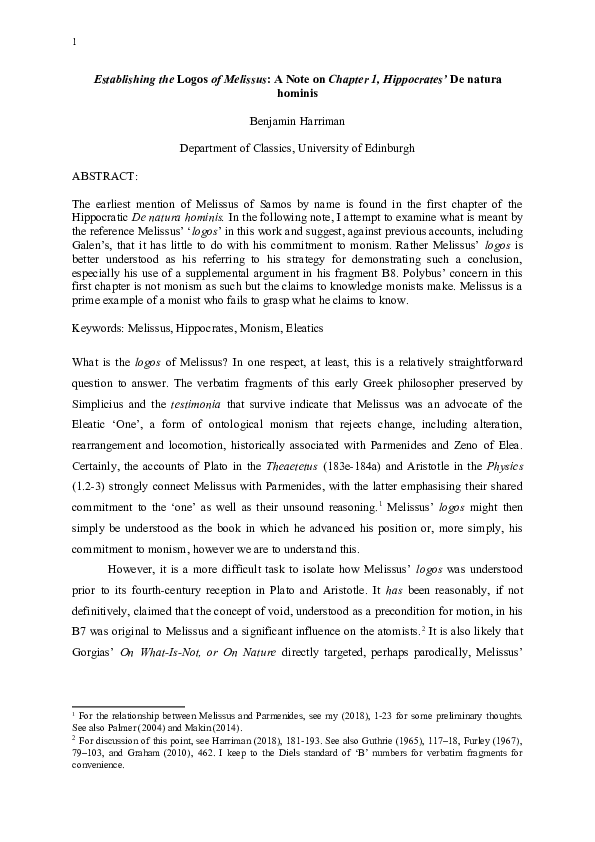 (DOC) Establishing the Logos of Melissus: A Note on Chapter 1 ...