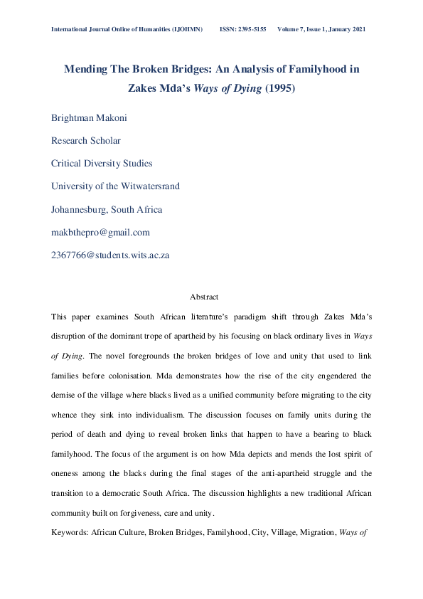 (PDF) Mending The Broken Bridges: An Analysis of Familyhood in Zakes ...