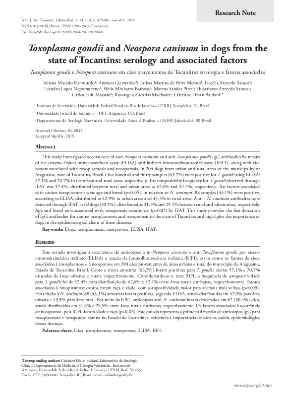 (PDF) Toxoplasma gondii and Neospora caninum in dogs from the state of ...