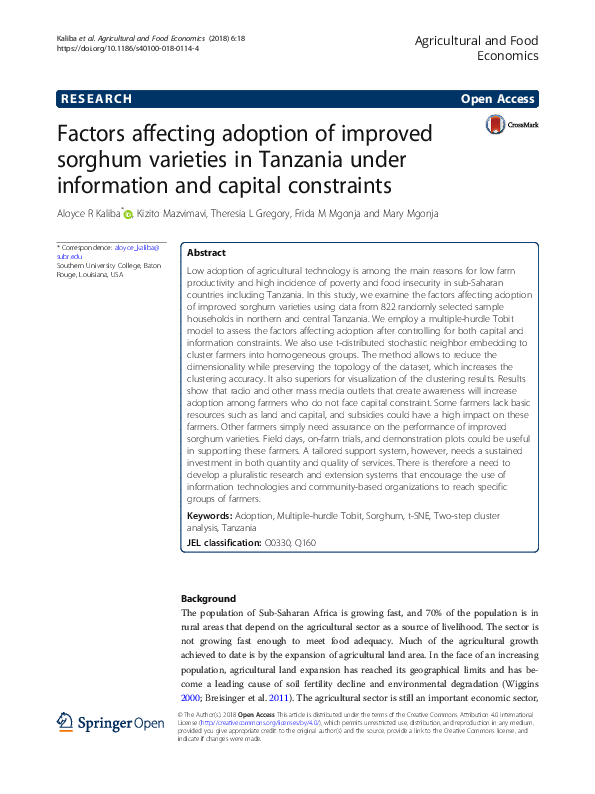 (PDF) Factors affecting adoption of improved sorghum varieties in Tanzania under information and ...
