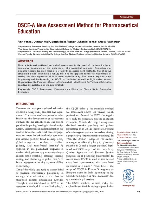 (PDF) OSCE-A New Assessment Method for Pharmaceutical Education