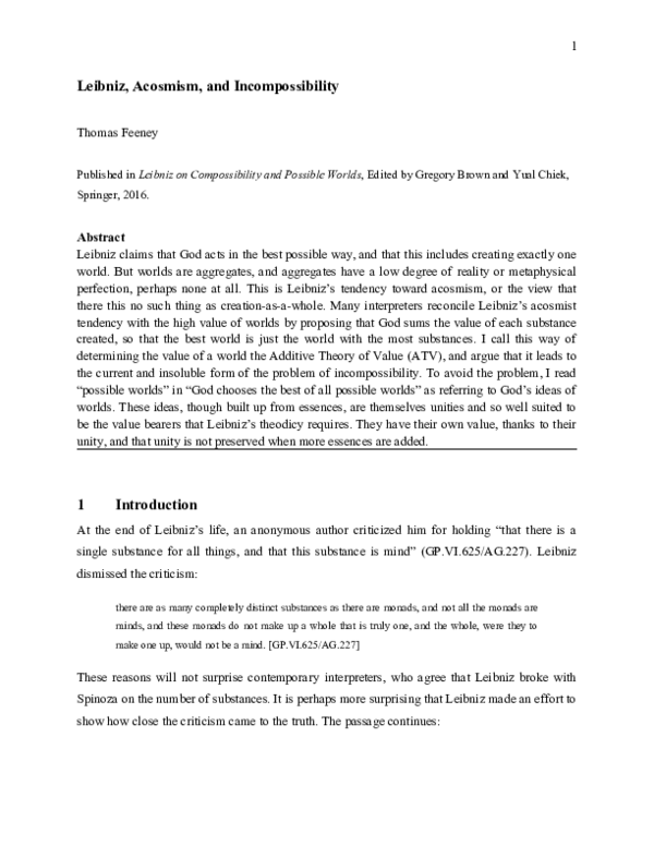 (DOC) Leibniz, Acosmism, and Incompossibility