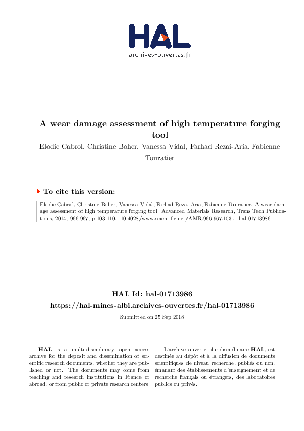 (PDF) A Wear Damage Assessment of High Temperature Forging Tool