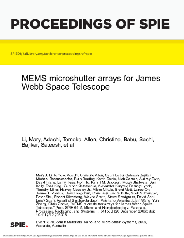 (PDF) MEMS microshutter arrays for James Webb Space Telescope