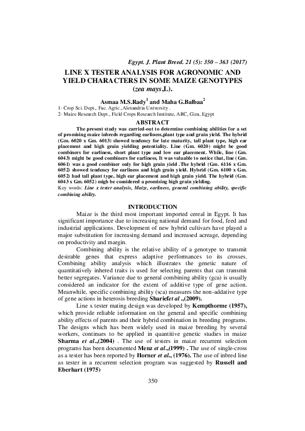(PDF) LINE X TESTER ANALYSIS FOR AGRONOMIC AND YIELD CHARACTERS IN SOME ...