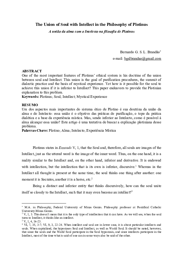 (PDF) The Union of Soul with Intellect in the Philosophy of Plotinus A união da alma com o ...