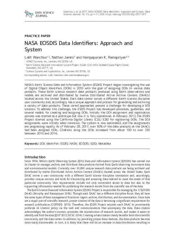 (PDF) NASA EOSDIS Data Identifiers: Approach and System