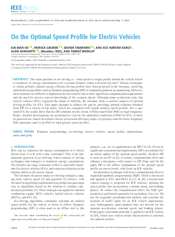 (PDF) On the Optimal Speed Profile for Electric Vehicles