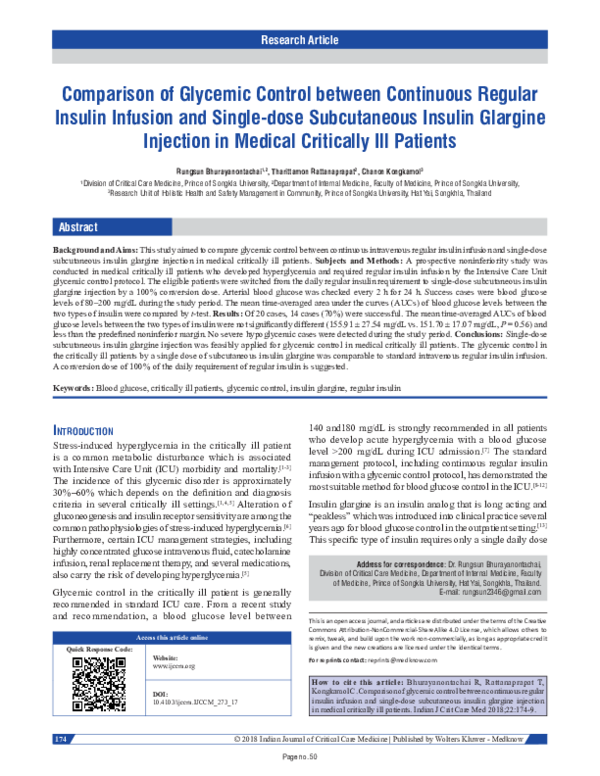 (PDF) Comparison of Glycemic Control Between Continuous Regular Insulin ...