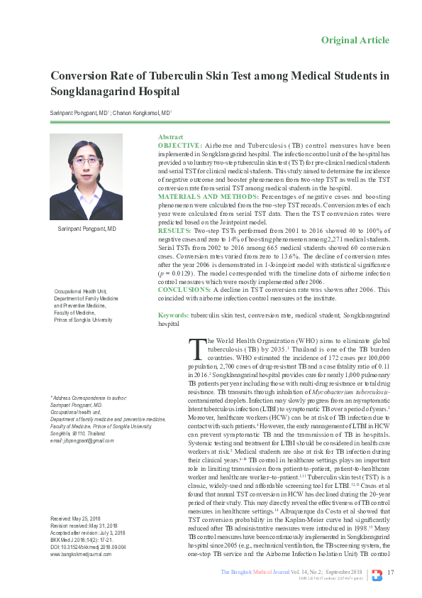 (PDF) Conversion Rate of Tuberculin Skin Test Among Medical Students in ...