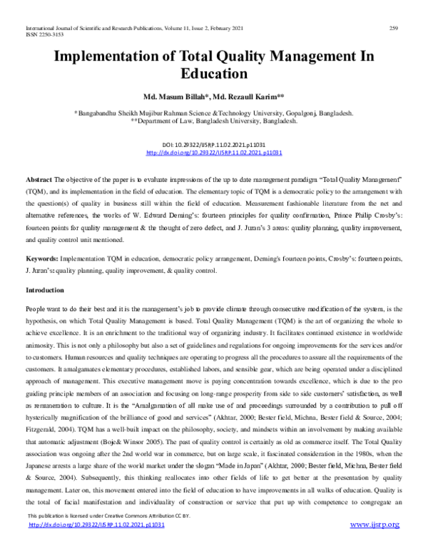 (PDF) Implementation of Total Quality Management In Education