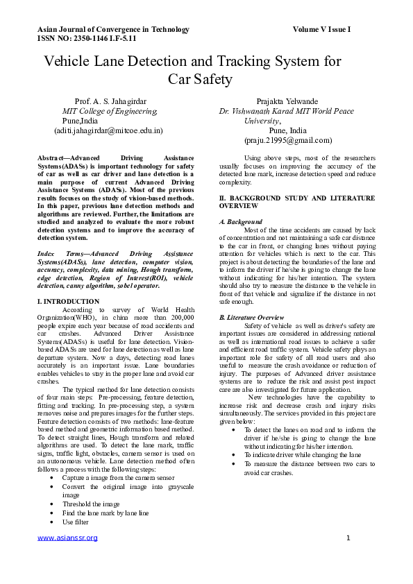 (PDF) Vehicle Lane Detection and Tracking System for Car Safety