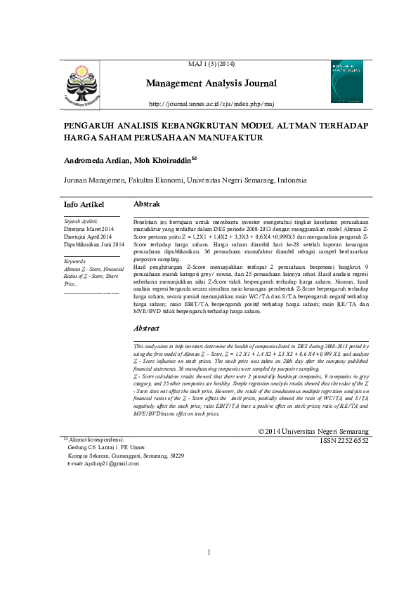 (PDF) Pengaruh Analisis Kebangkrutan Model Altman Terhadap Harga Saham Perusahaan Manufaktur