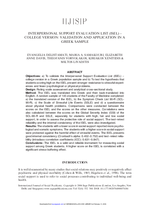 (PDF) Interpersonal Support Evaluation List (ISEL) - College Version: Validation and Application ...