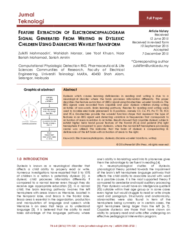 (PDF) Feature Extraction of Electroencephalogram Signal Generated from Writing in Dyslexic ...