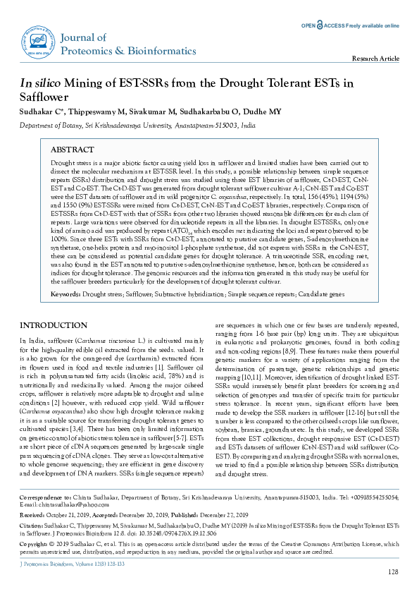 (PDF) In silico Mining of EST-SSRs from the Drought Tolerant ESTs in Safflower