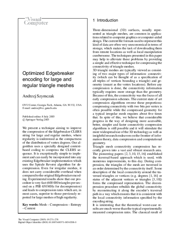 (PDF) Optimized Edgebreaker encoding for large and regular triangle meshes