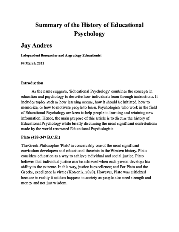 (PDF) Summary of the History of Educational Psychology