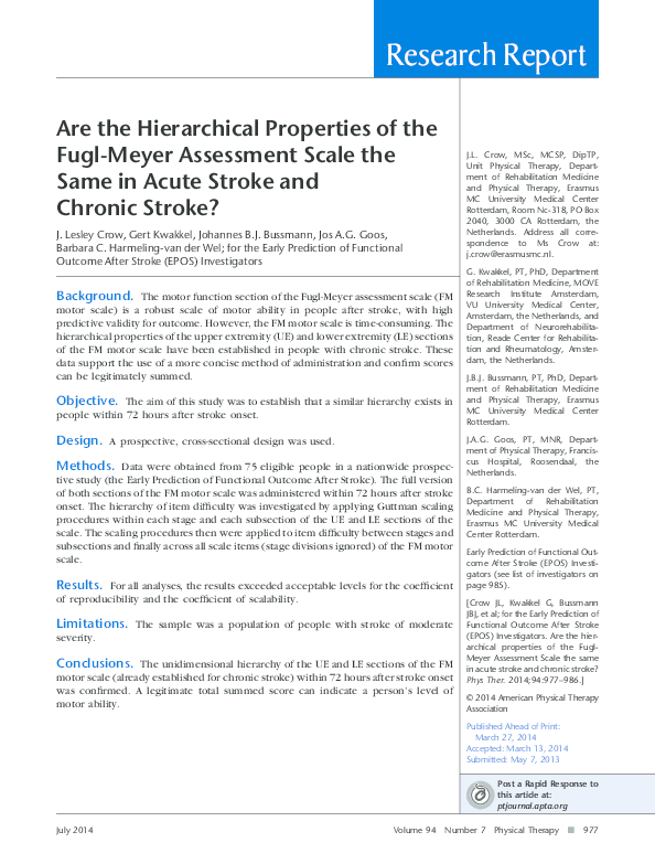 (PDF) Are Hierarchical Properties of the Fugl-Meyer Assessment Scale (FM Motor Scale) the Same ...