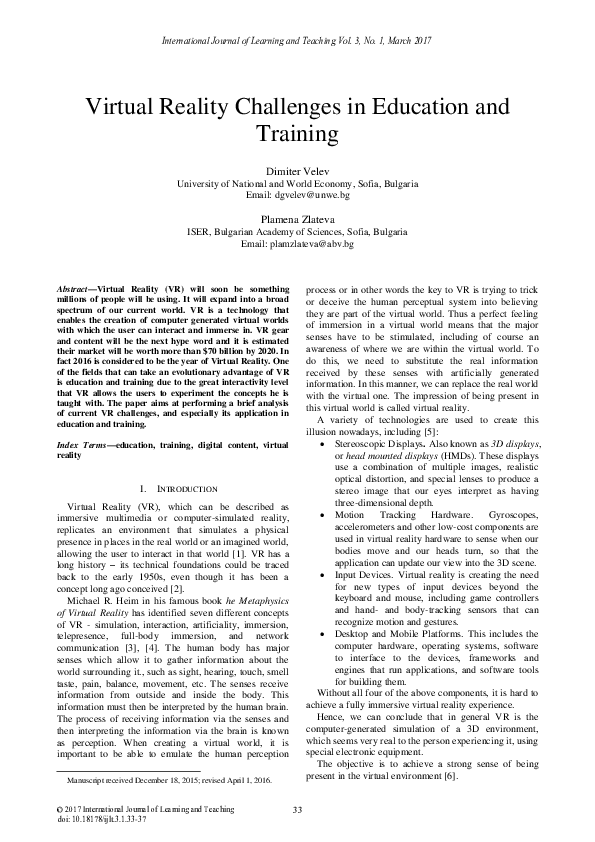 (PDF) Virtual Reality Challenges in Education and Training