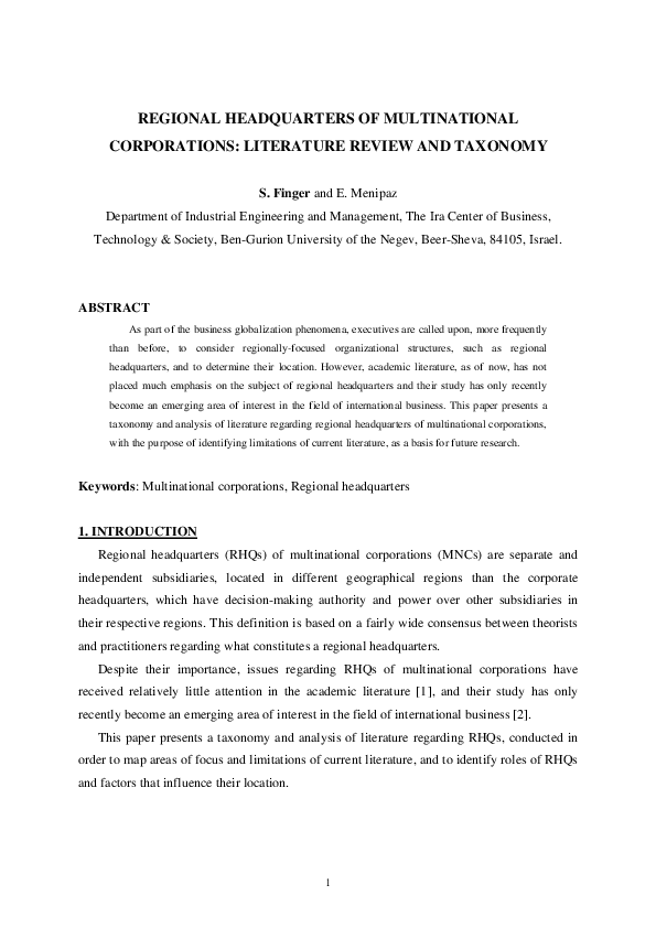 (PDF) Regional Headquarters of Multinational Corporations: Literature ...