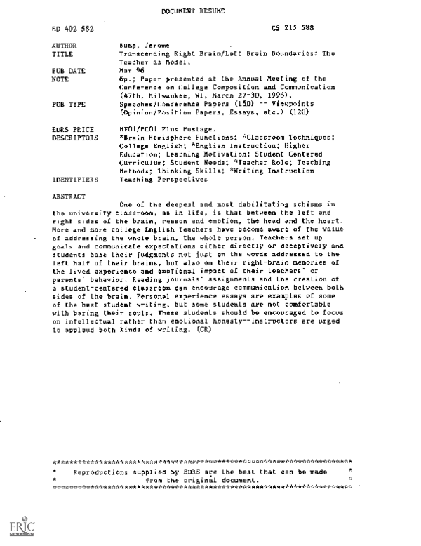 (PDF) Transcending Right Brain/Left Brain Boundaries: The Teacher as Model
