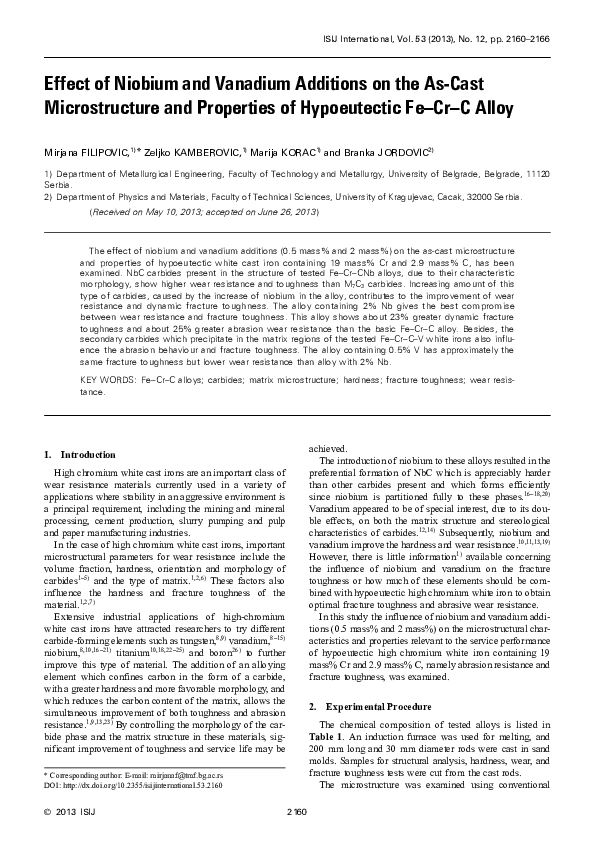Pdf Effect Of Niobium And Vanadium Additions On The As Cast Microstructure And Properties Of