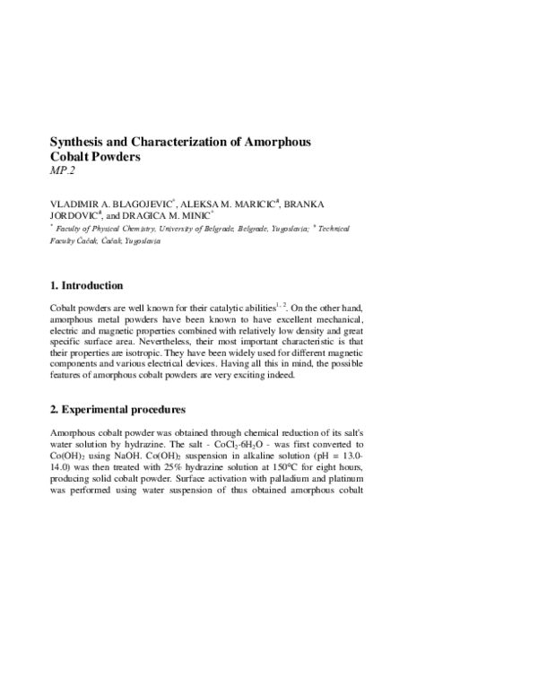 (PDF) Synthesis and Characterization of Cobalt Powder