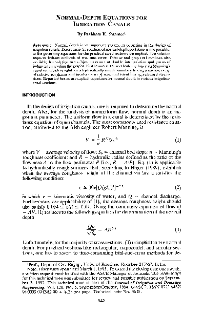 Normal‐Depth Equations for Irrigation Canals