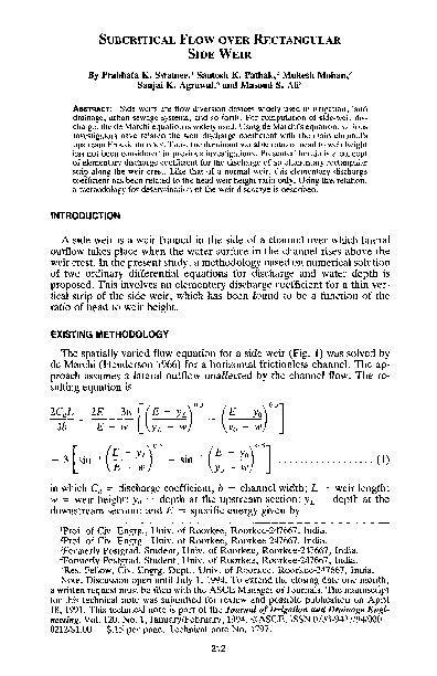 (PDF) Side-Weir Analysis Using Elementary Discharge Coefficient