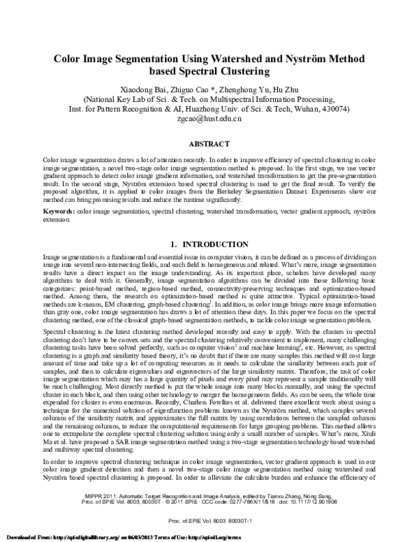 (PDF) Color image segmentation using watershed and NystrÃ¶m method based spectral clustering
