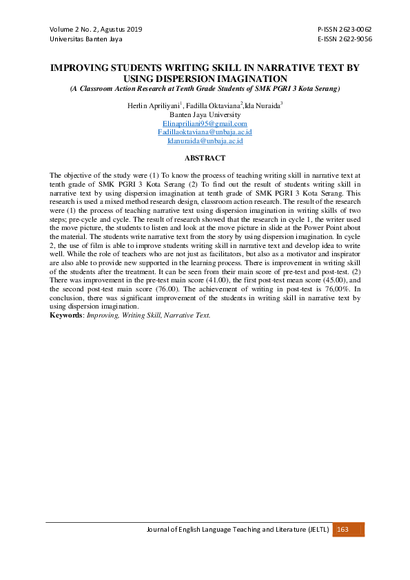 (PDF) Improving Students Writing Skill in Narrative Text by Using Dispersion Imagination