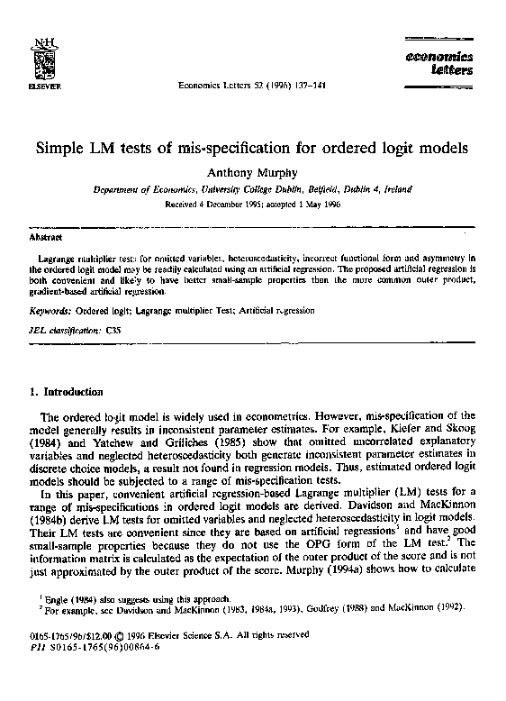 Pdf Simple Lm Tests Of Mis Specification For Ordered Logit Models