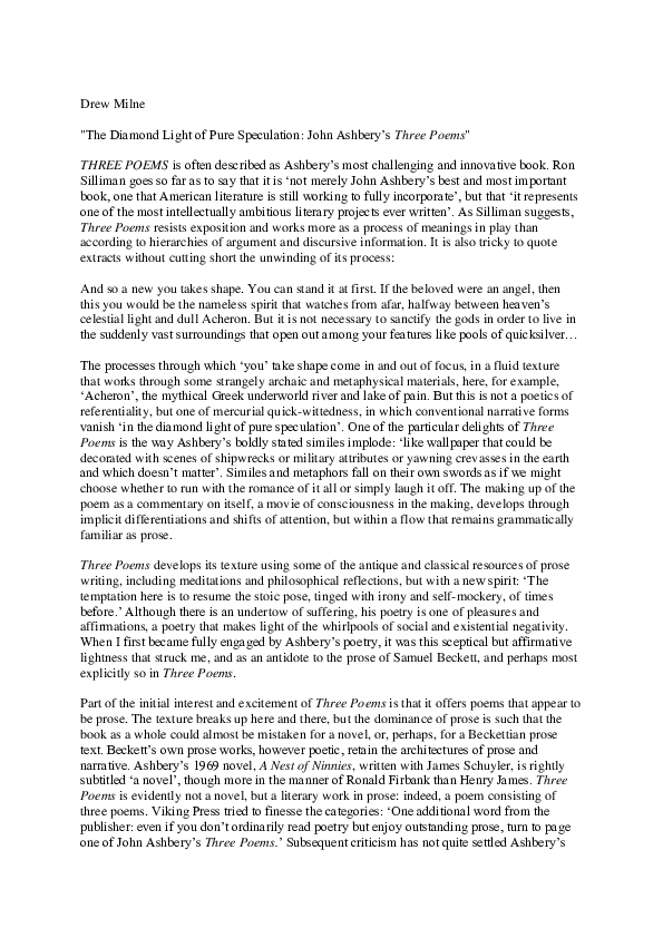 (PDF) "The Diamond Light of Pure Speculation: John Ashbery's Three Poems"