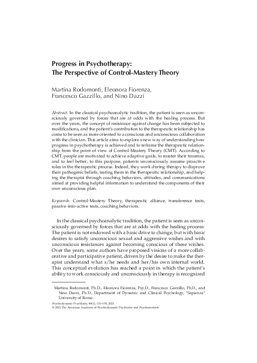 (PDF) Progress in Psychotherapy: The Perspective of Control-Mastery Theory