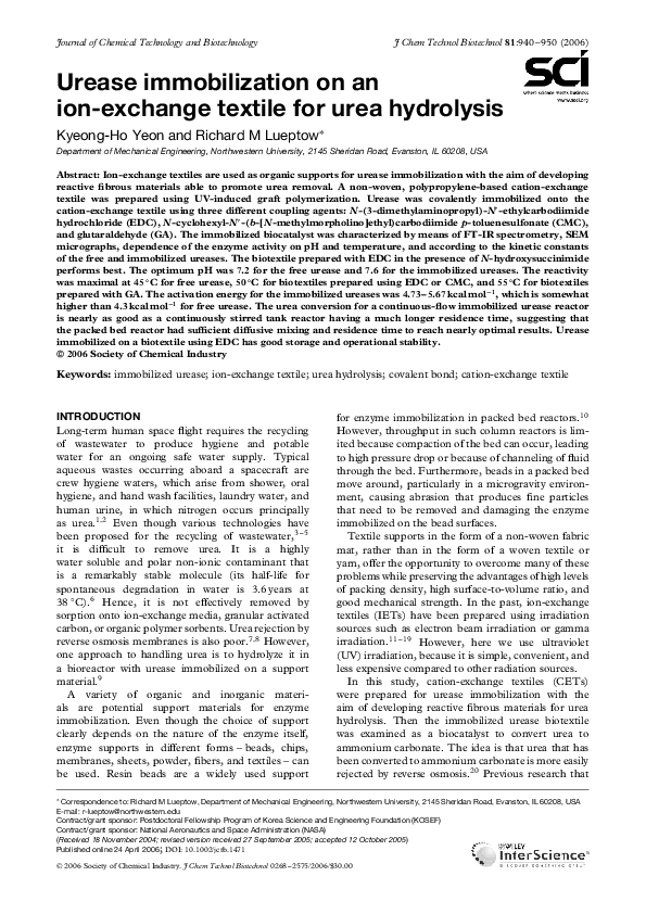 (PDF) Urease immobilization on an ion-exchange textile for urea hydrolysis