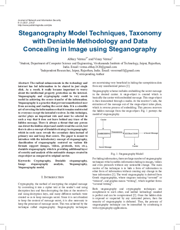 (PDF) Steganography Model Techniques, Taxonomy with Deniable ...