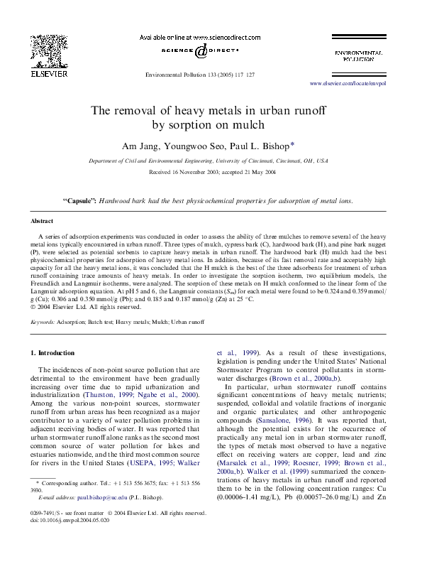 (PDF) The removal of heavy metals in urban runoff by sorption on mulch